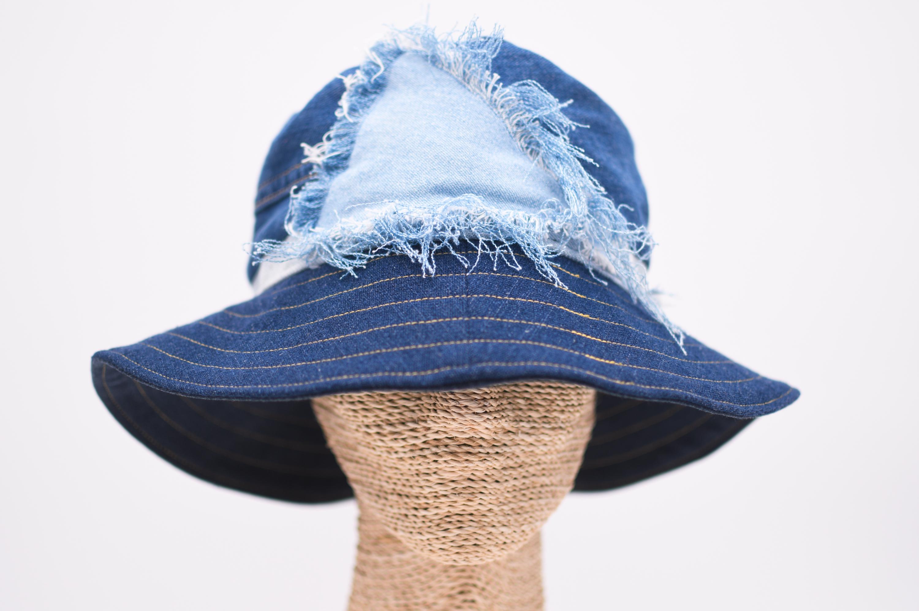 Handmade Upcycled Denim Bucket Hat: Fray & Stripe Detail, 4-way-wear - Etsy