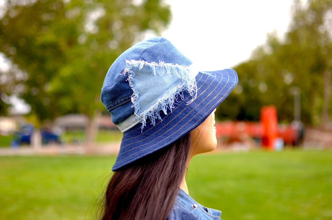 Handmade Upcycled Denim Bucket Hat: Fray & Stripe Detail, 4-way-wear - Etsy