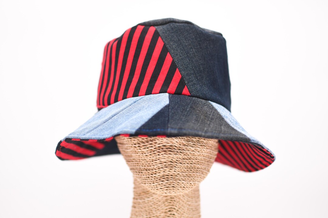 1 of 1 4-way-wear Handmade Black Red Stripes and Denim Patchwork Bucket Hat One Size Only ONE up ...