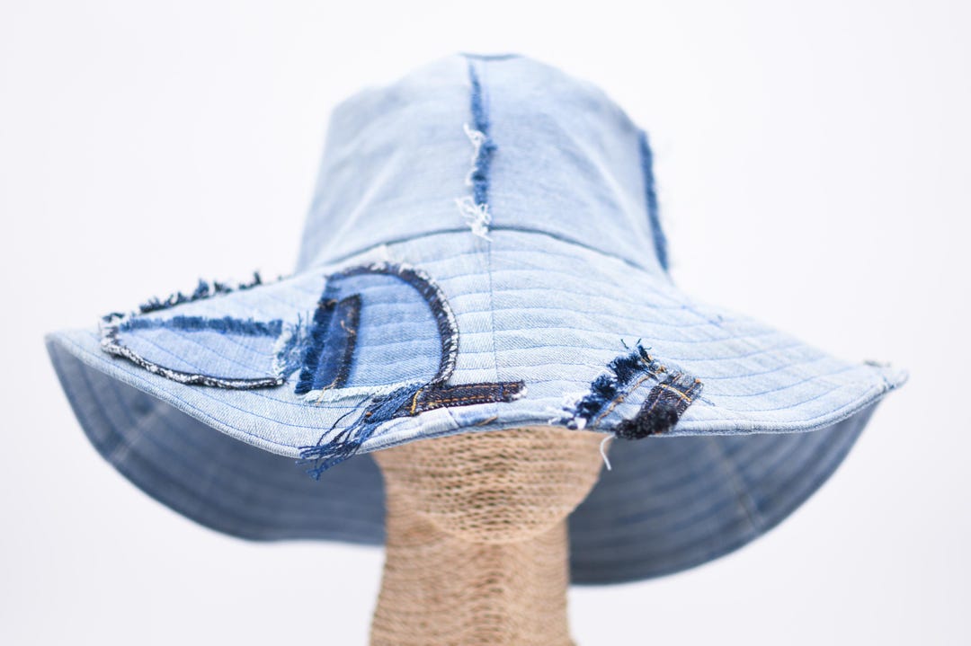 Handmade Upcycled Light Color Denim Wide Brim Sun Hat One Size up to 23 ...