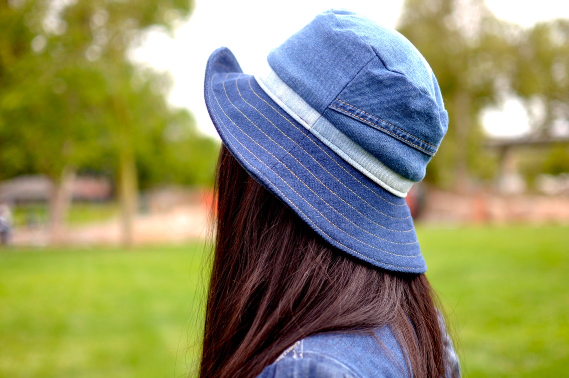 Handmade Upcycled Denim Bucket Hat: Fray & Stripe Detail, 4-way-wear - Etsy