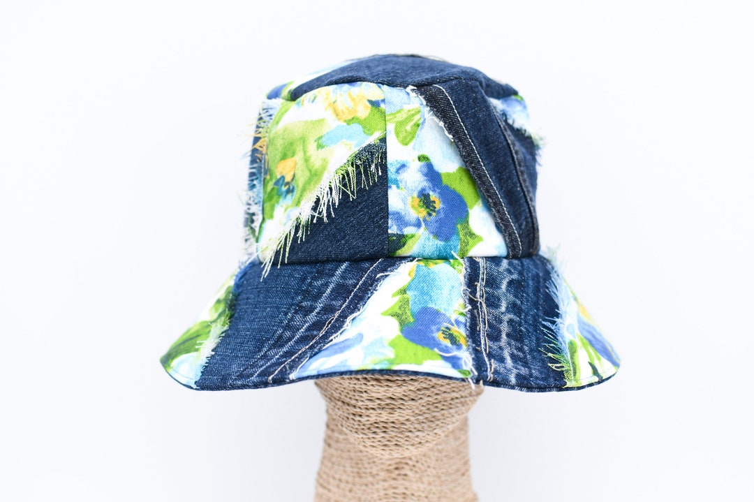 Handmade 4-way-wear Frayed Edges Floral Print and Navy Denim Patchwork Bucket Hat Upcycled Only ...