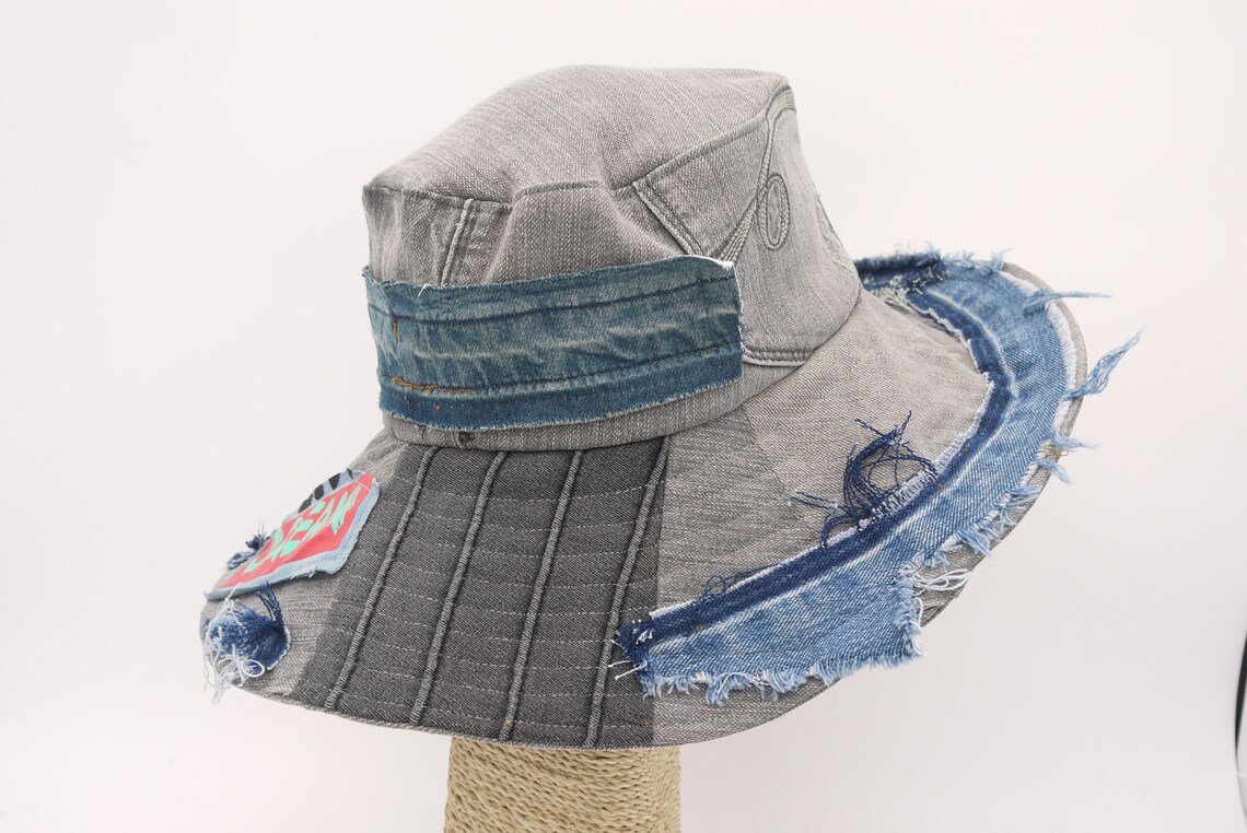 Handmade 1 of 1 Upcycled Patchwork Gray Color Denim Wide Brim Sun Hat ...
