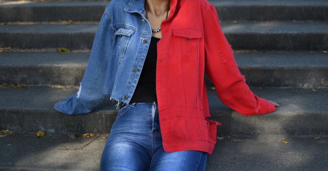 Red and Blue Denim Asymmetrical Jacket: Detachable Panel, Size M/L - Etsy