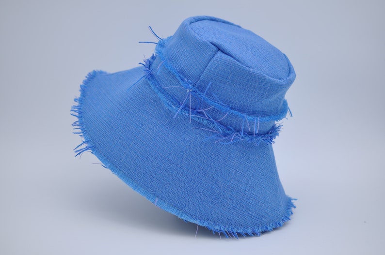 Handmade Frayed Edges Wide Brim Blue Sun Hat One Size 22"-23" Head ...