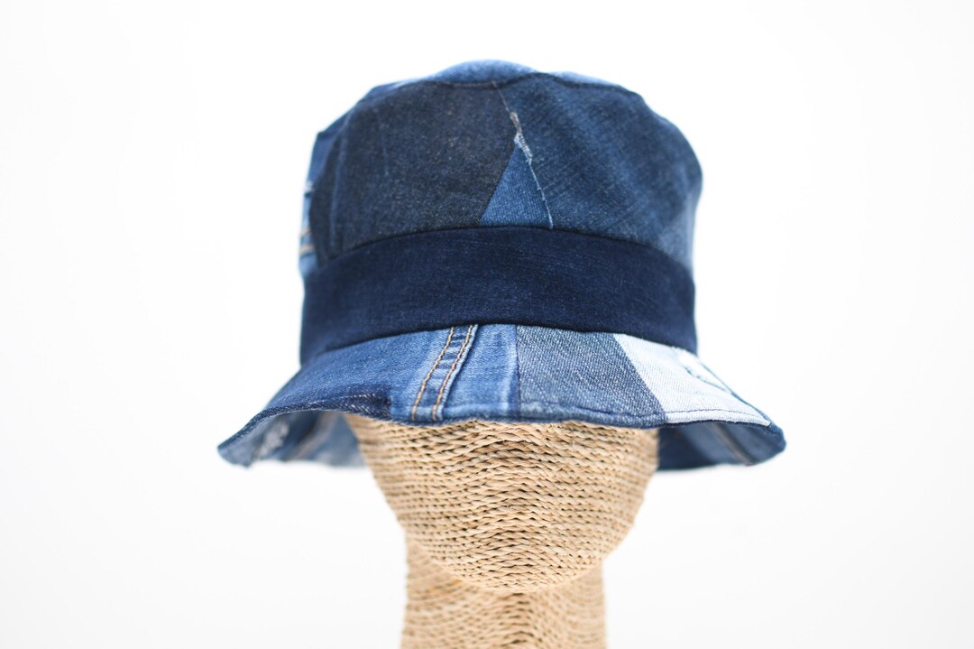 Handmade 1 of 1 4-way-wear Multi-shade Denim Patchwork Bucket Hat Upcycled Only ONE up to 23 ...