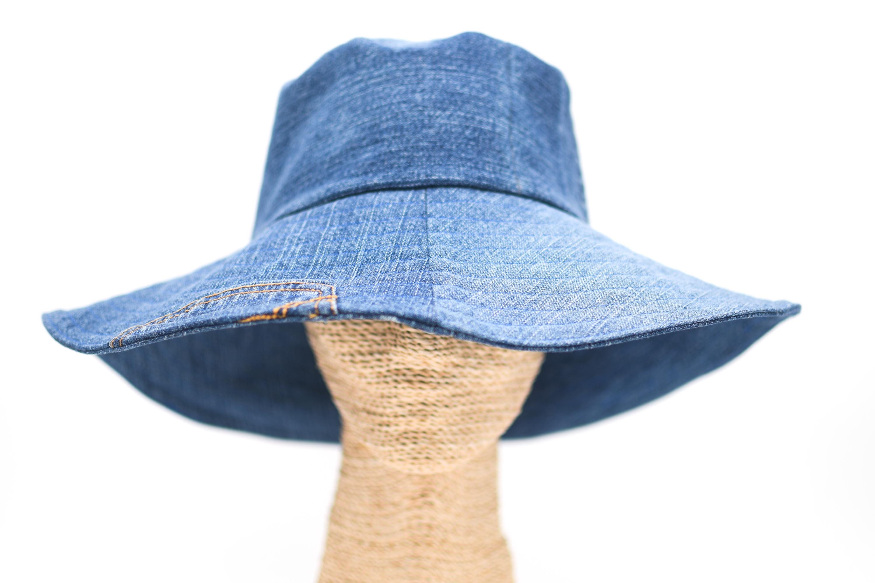 4-way-wear Handmade Upcycled Denim Wide Brim Sun Hat One Size up to 23 ...