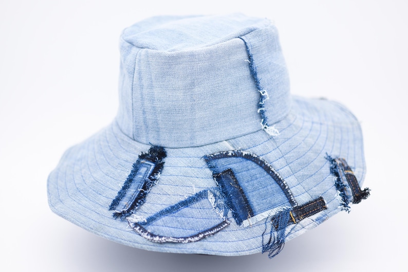 Handmade Upcycled Light Color Denim Wide Brim Sun Hat One Size up to 23 ...