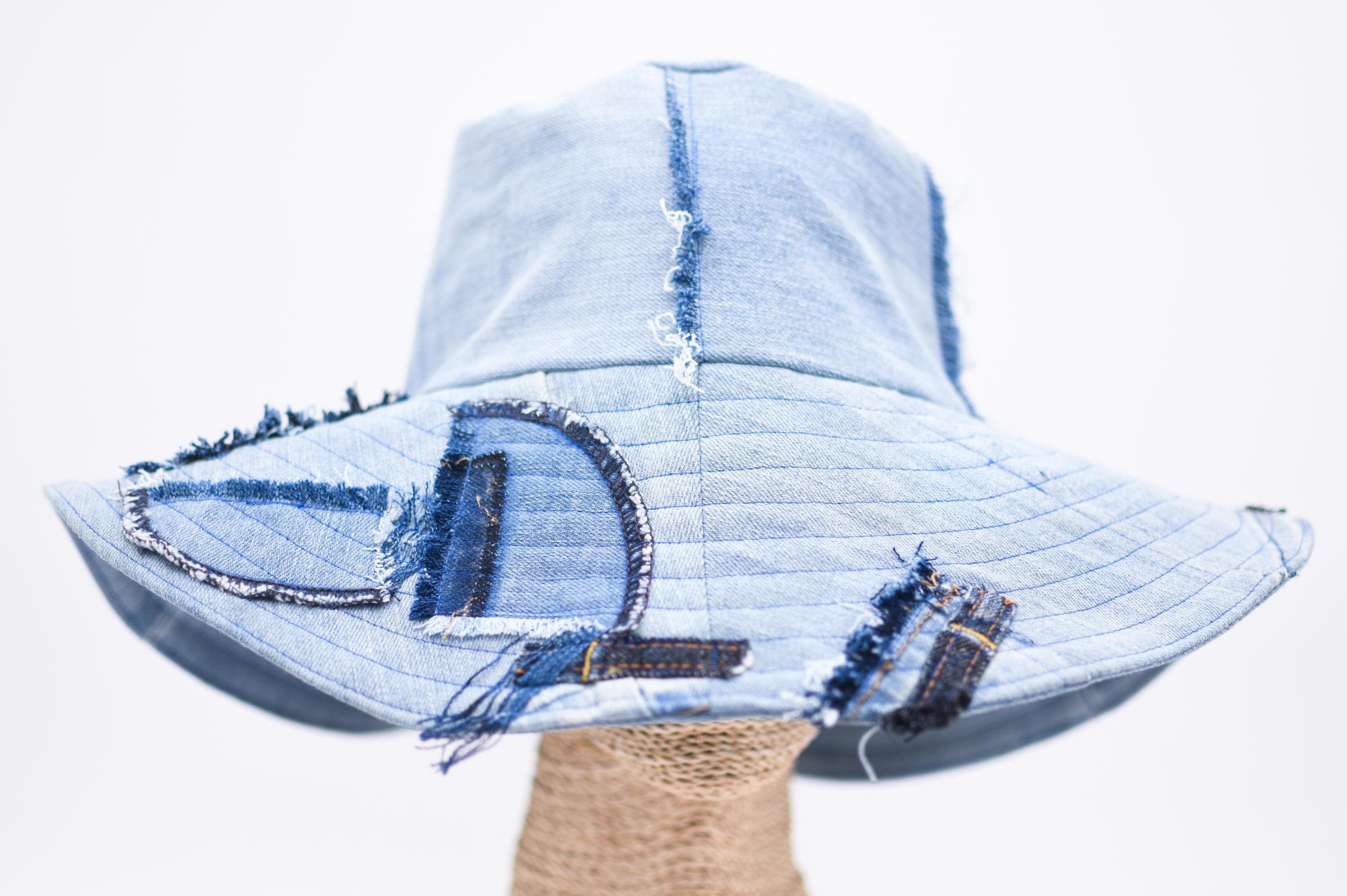 Handmade Upcycled Light Color Denim Wide Brim Sun Hat One Size up to 23 ...