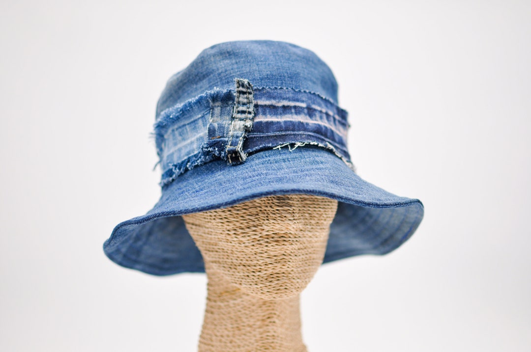 4-way-wear Upcycled Denim Bucket Hat With Hand Frayed Patchwork Only ...