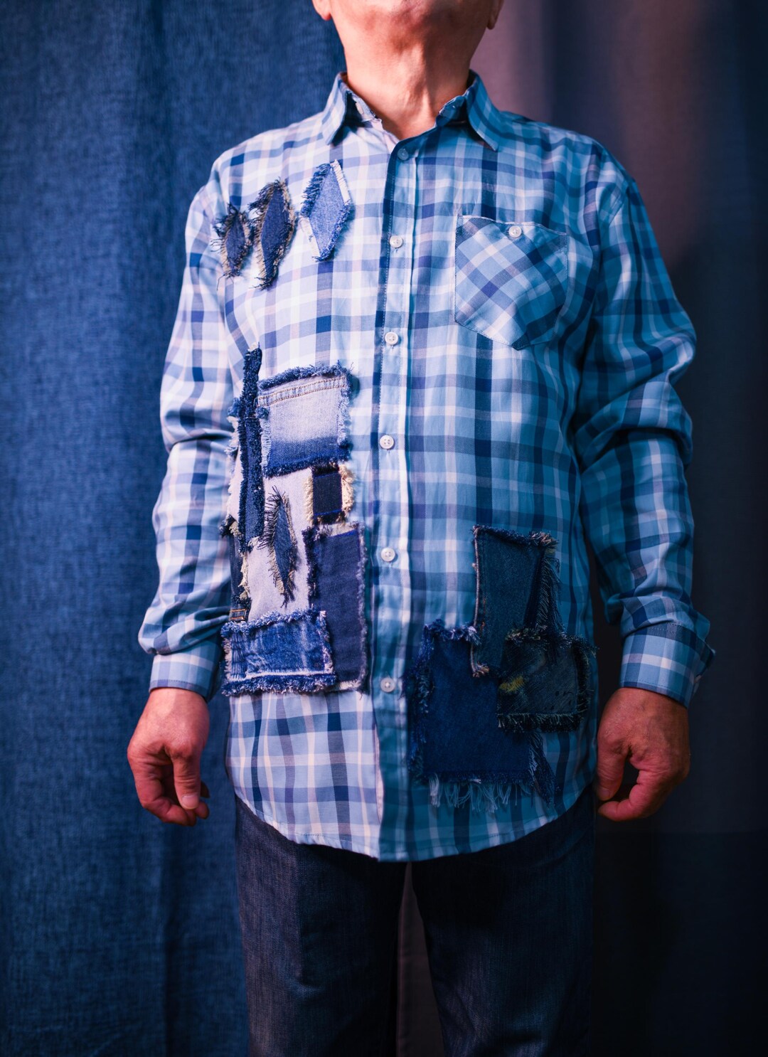 Handmade Frayed Edges Denim Patches Light Blue Navy and White Plaid Men ...