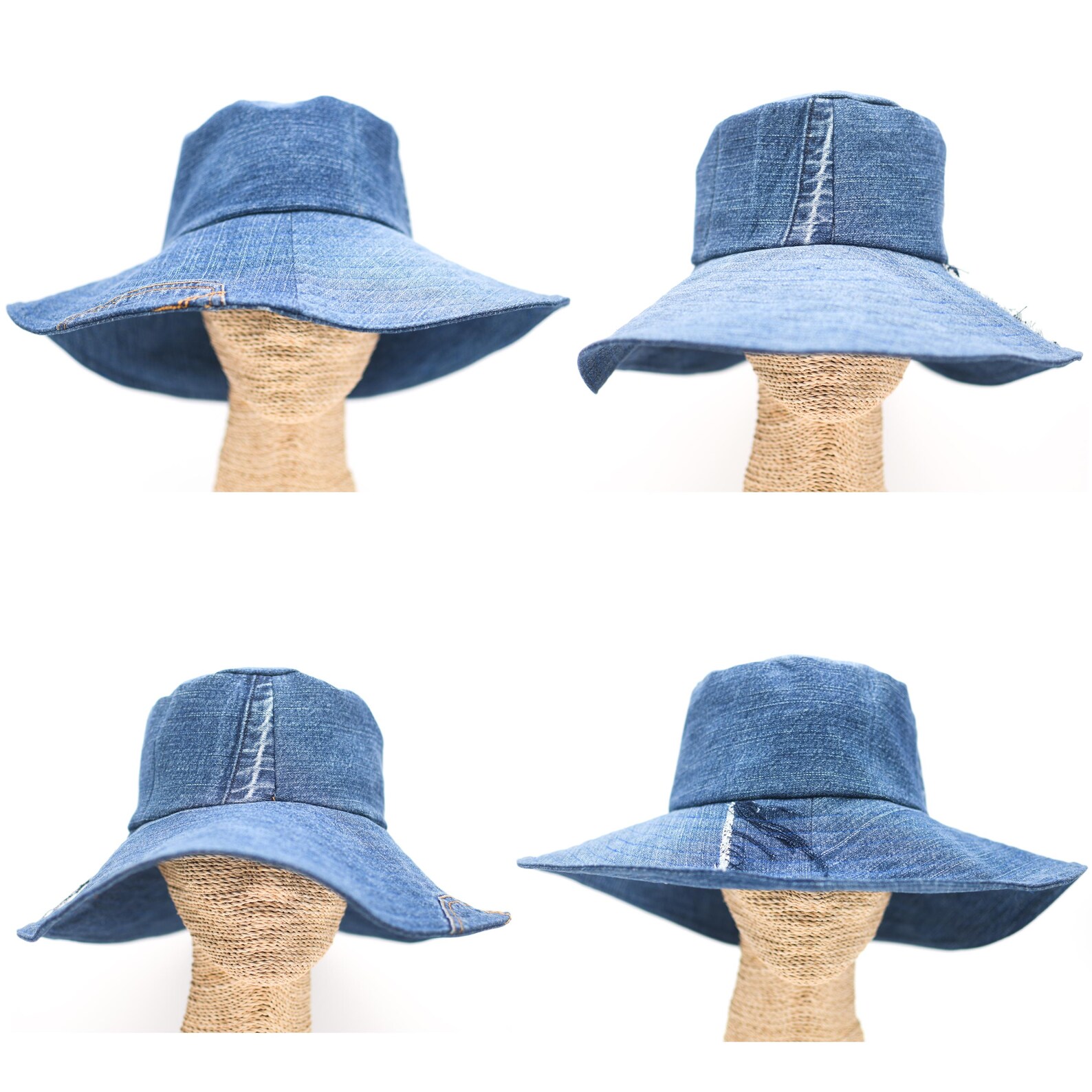 4-way-wear Handmade Upcycled Denim Wide Brim Sun Hat One Size up to 23 ...