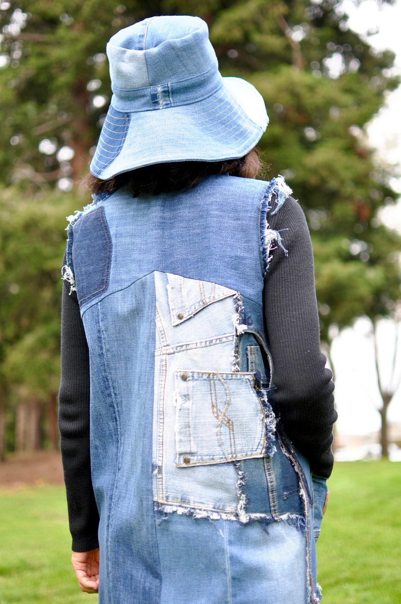 Distressed Upcycled Denim Long Vest With Two Pockets Size M/ Size L ...