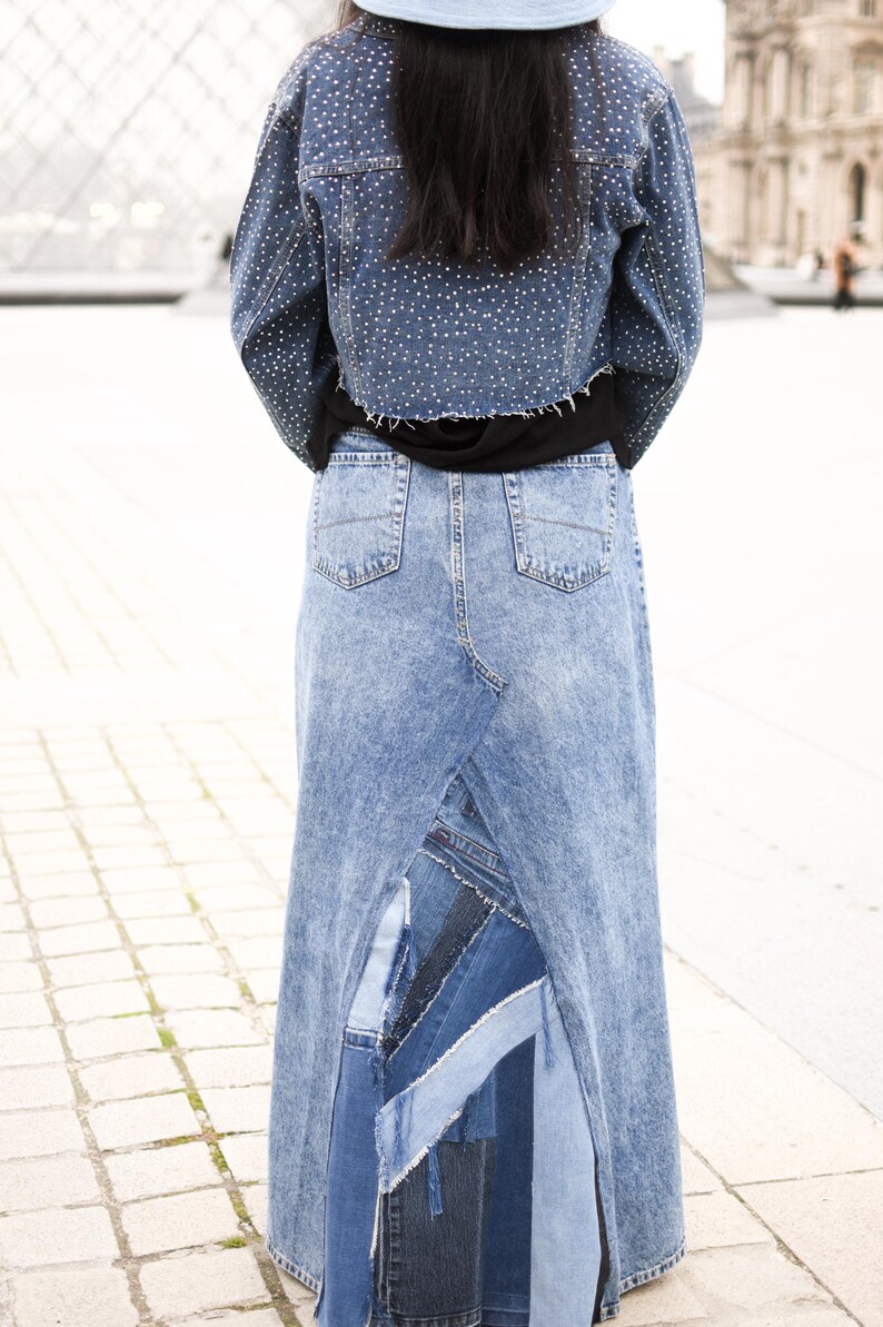 Upcycled Patchwork Denim Long Skirt: Handmade One-of-a-kind (size S/M ...