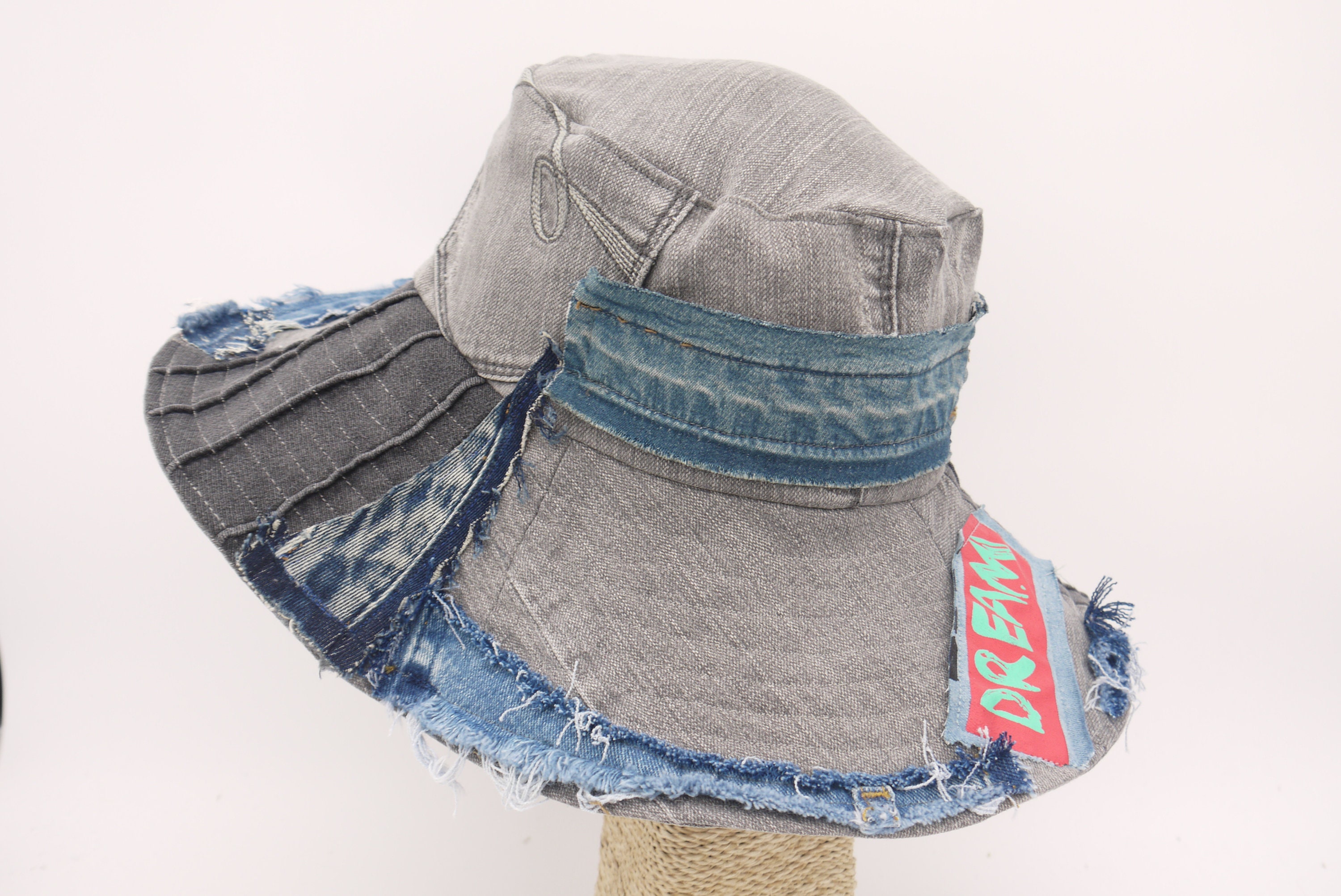 Handmade 1 of 1 Upcycled Patchwork Gray Color Denim Wide Brim Sun Hat ...