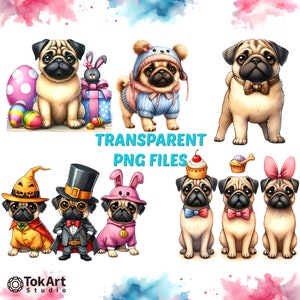 Watercolor Transparent PNG Pug Dog Images Set, Watercolor PNG Cute Pug ...