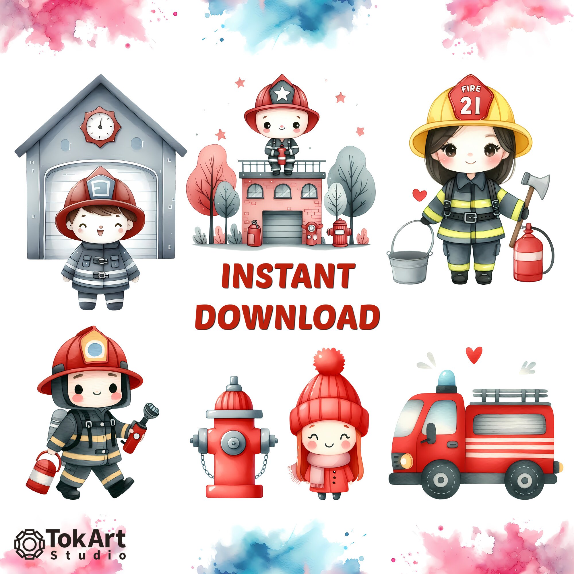 Watercolor Transparent PNG Firefighter Images, Watercolor Fire Truck ...
