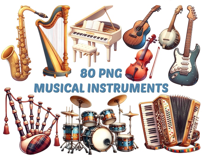 Watercolor Musical Instruments Clipart. Vintage Music Clip Art ...