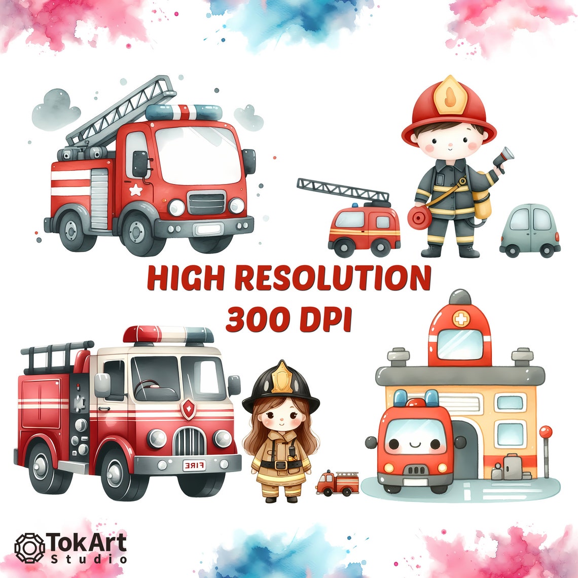 Watercolor Transparent PNG Firefighter Images, Watercolor Fire Truck ...