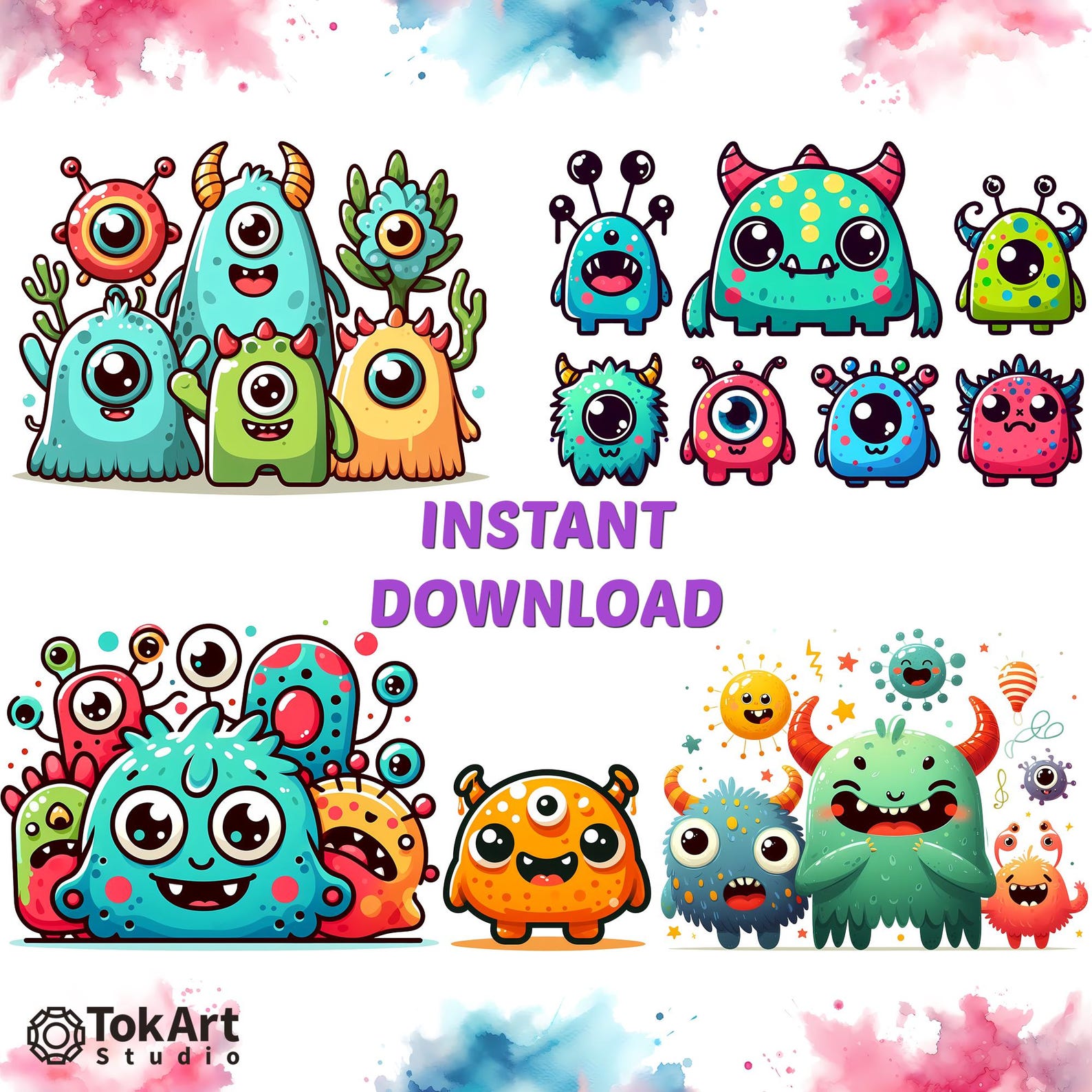 Kawaii Monster Clipart: 90 Watercolor PNG Images (digital Download) - Etsy