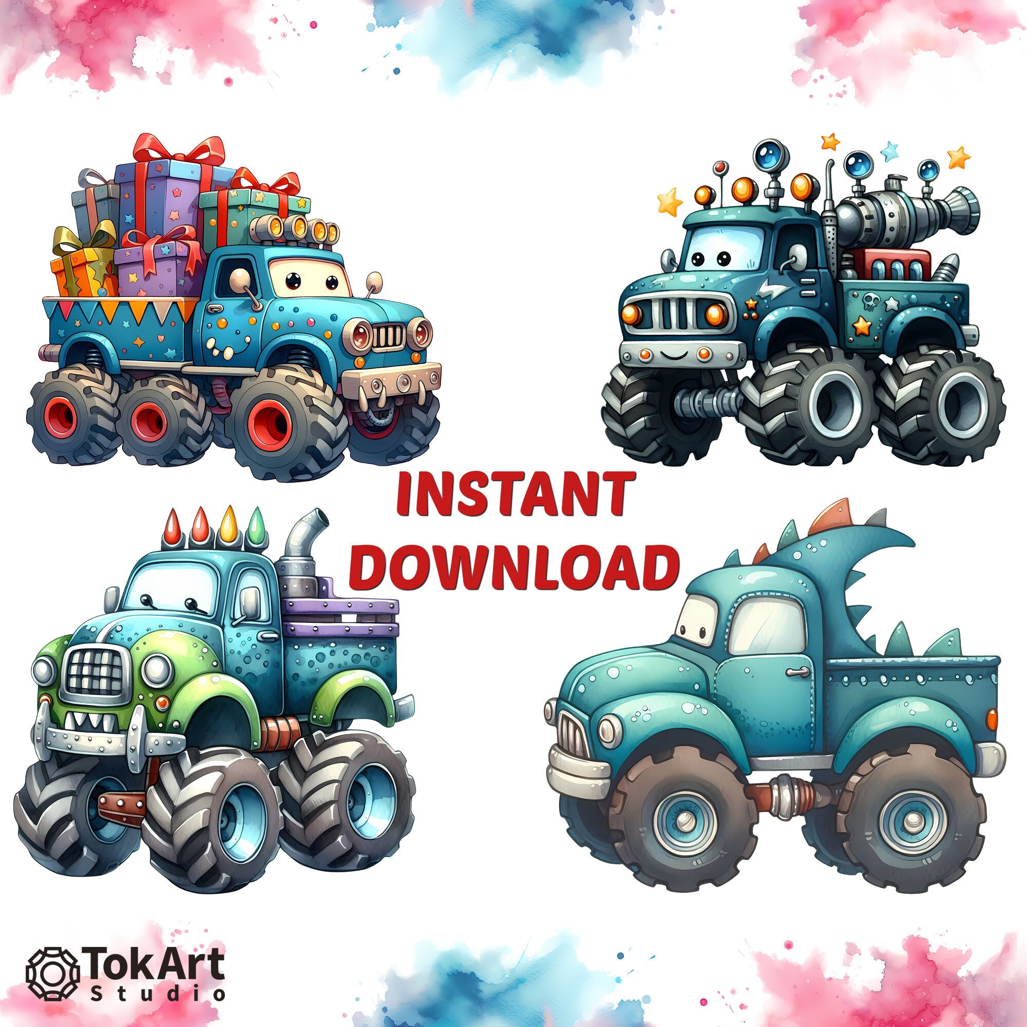 Watercolor Monster Truck Clipart: 70 PNG Images (digital Download) - Etsy
