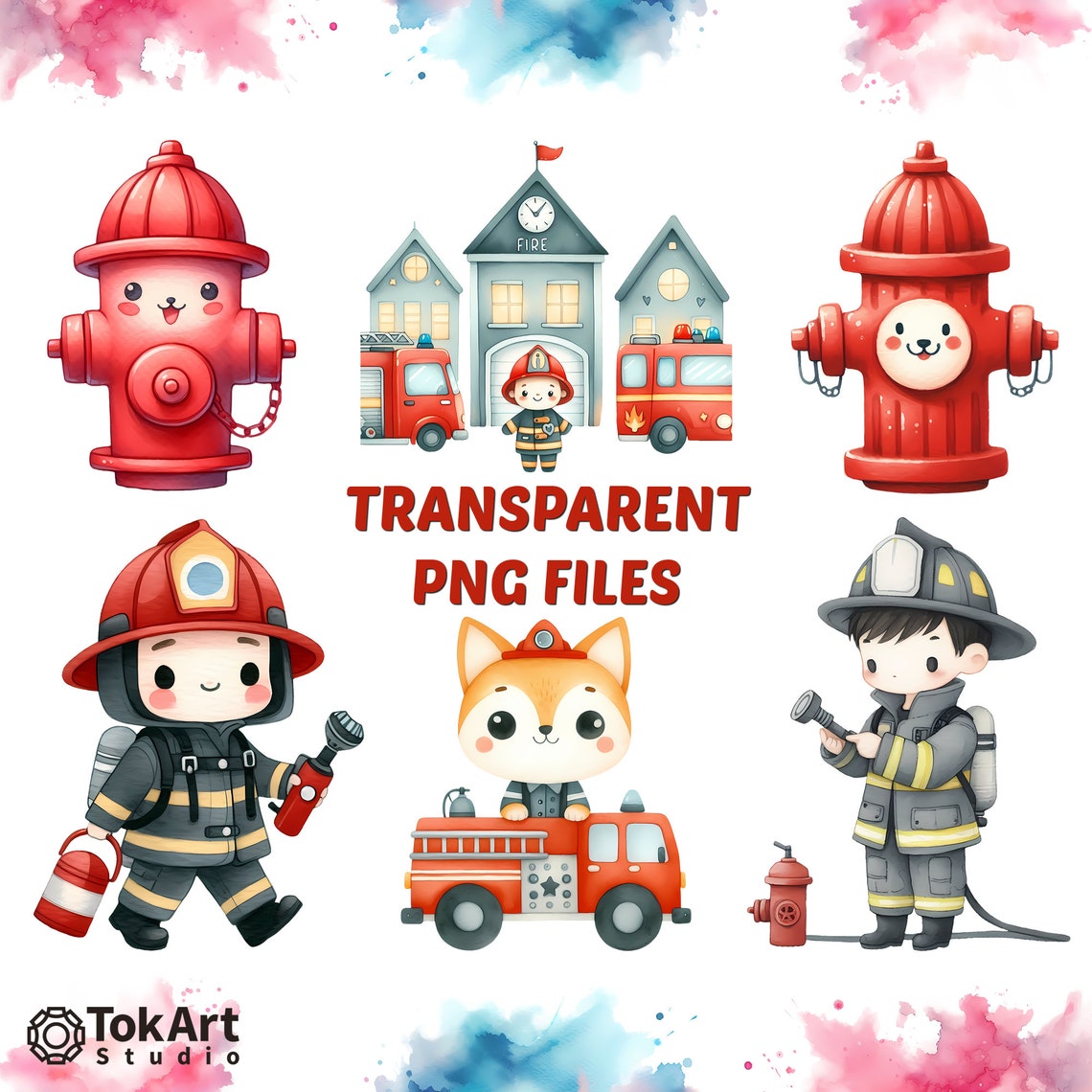 Watercolor Transparent PNG Firefighter Images, Watercolor Fire Truck ...