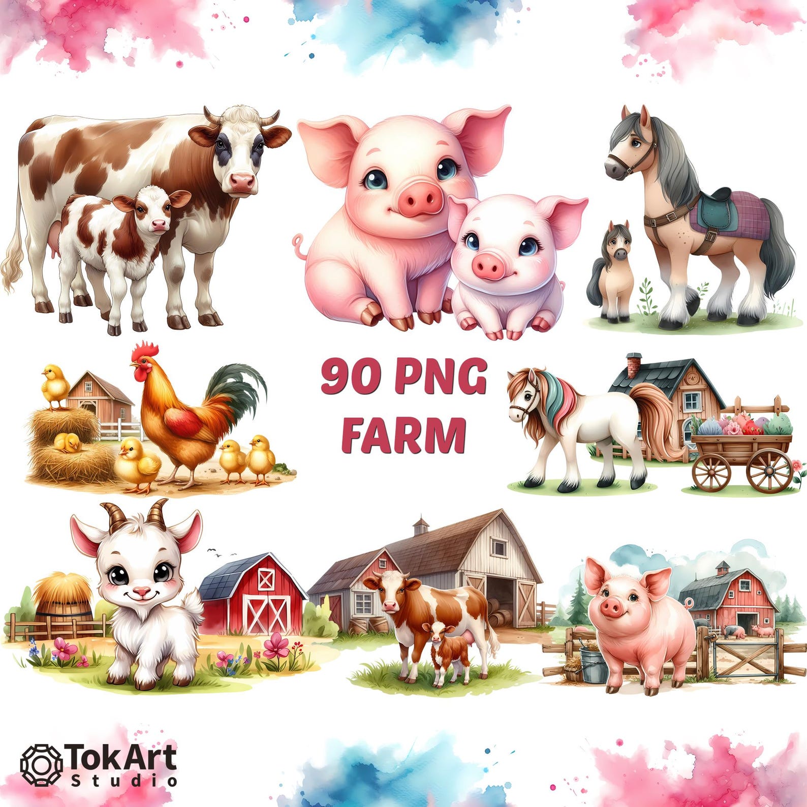 Watercolor Transparent PNG Farm Image Set. PNG Farm Animals Images Set ...