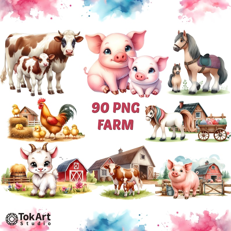 Watercolor Transparent PNG Farm Image Set. PNG Farm Animals Images Set ...