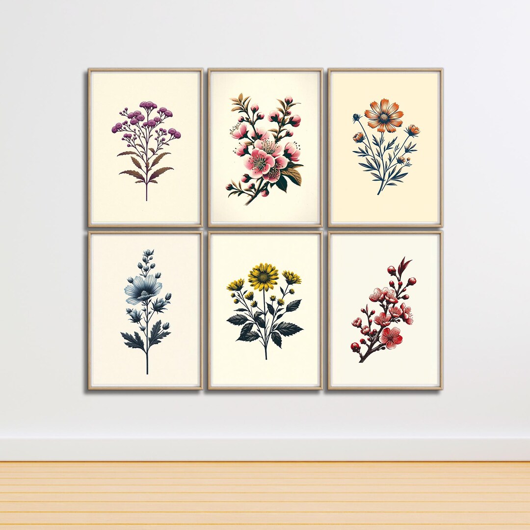 Printable Vintage Look Screen Print Style Flower Poster Set. Retro ...
