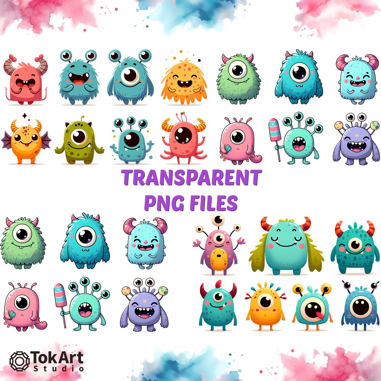 Kawaii Monster Clipart: 90 Watercolor PNG Images (digital Download) - Etsy