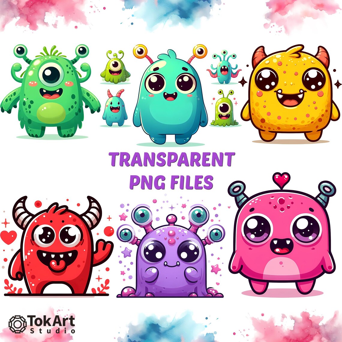 Kawaii Monster Clipart: 90 Watercolor PNG Images (digital Download) - Etsy