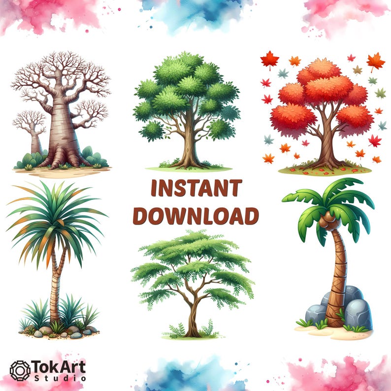 Watercolor Transparent PNG Tree Image Set. Watercolor PNG Stylistic Tree Images. Pine, Spruce ...