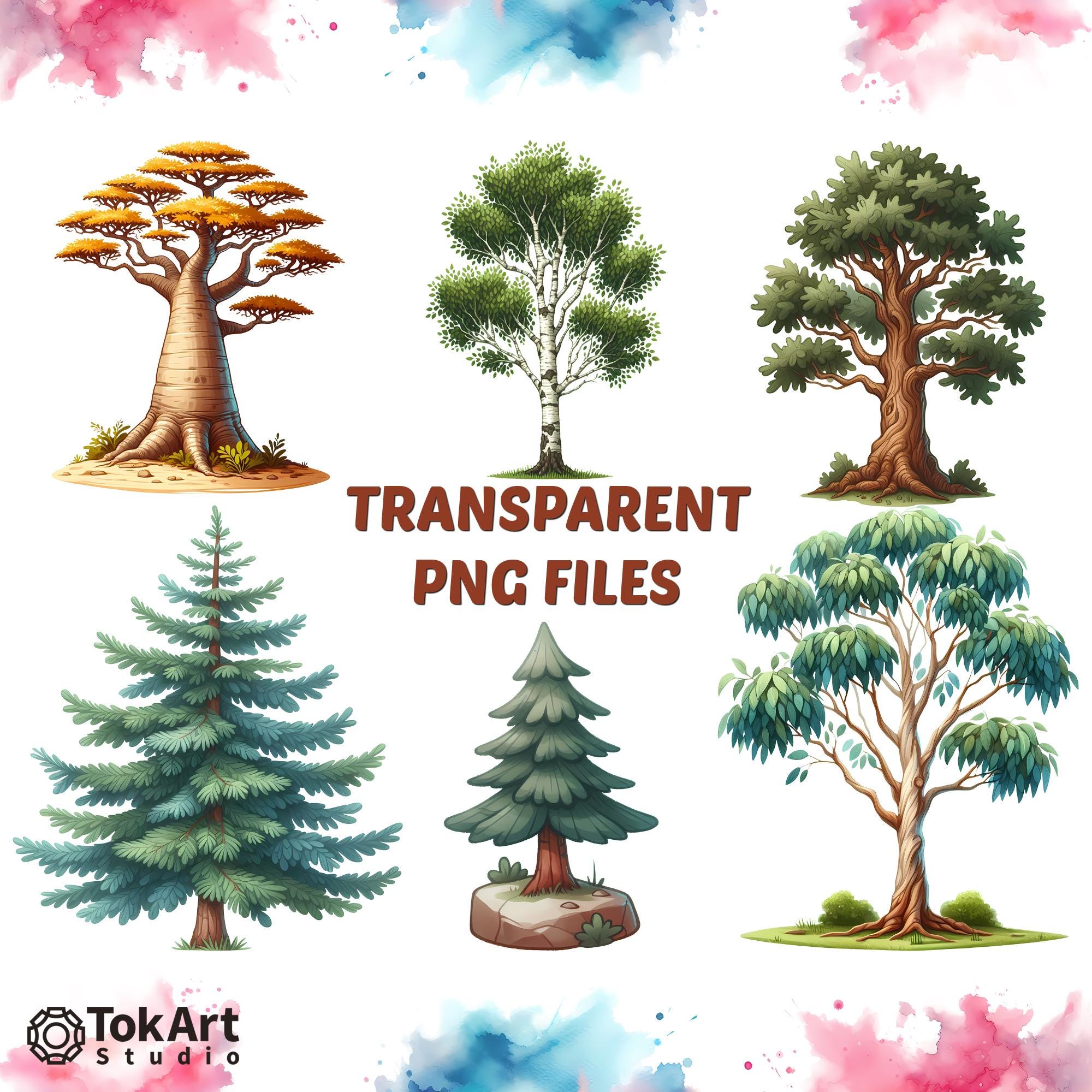Watercolor Transparent PNG Tree Image Set. Watercolor PNG Stylistic ...