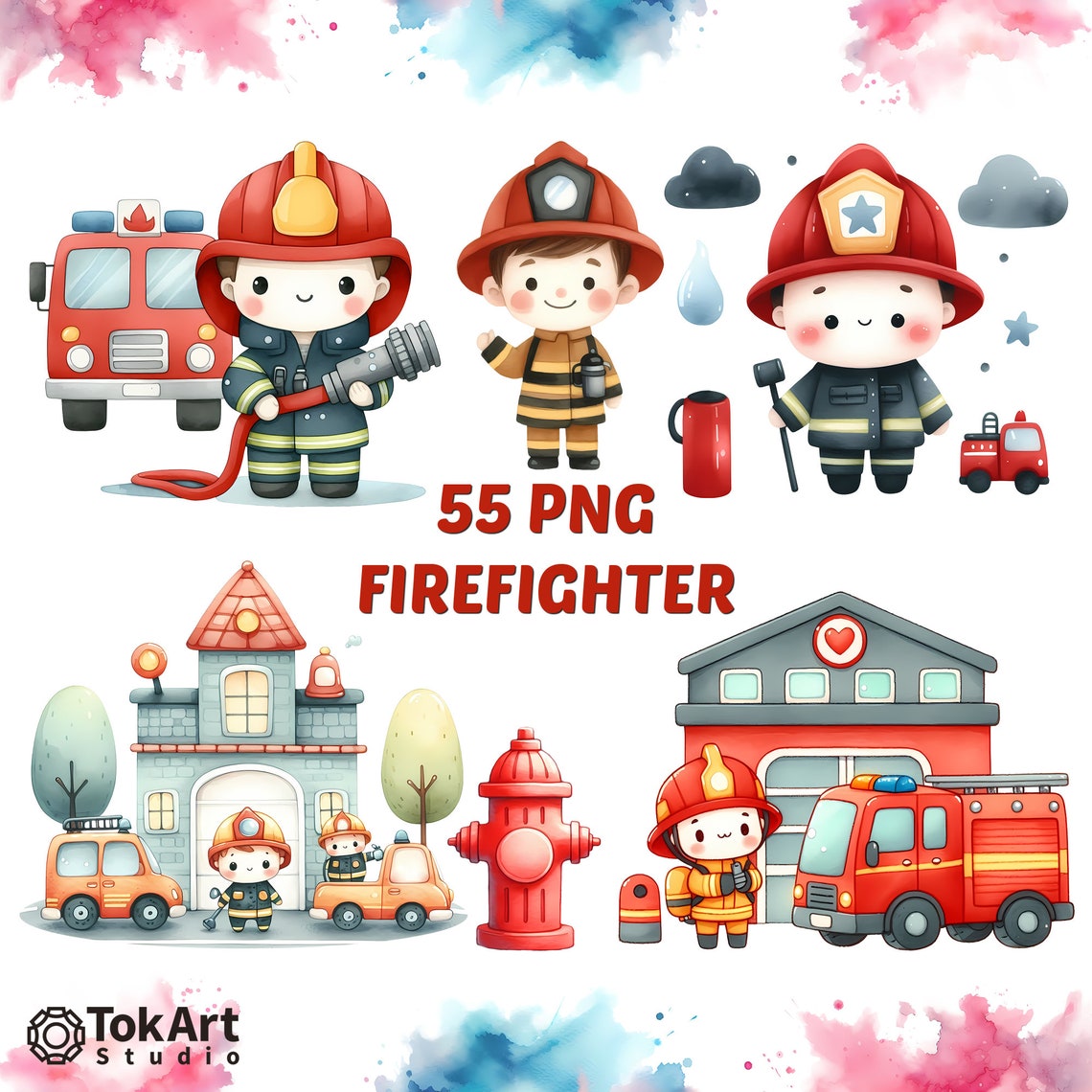 Watercolor Transparent PNG Firefighter Images, Watercolor Fire Truck ...