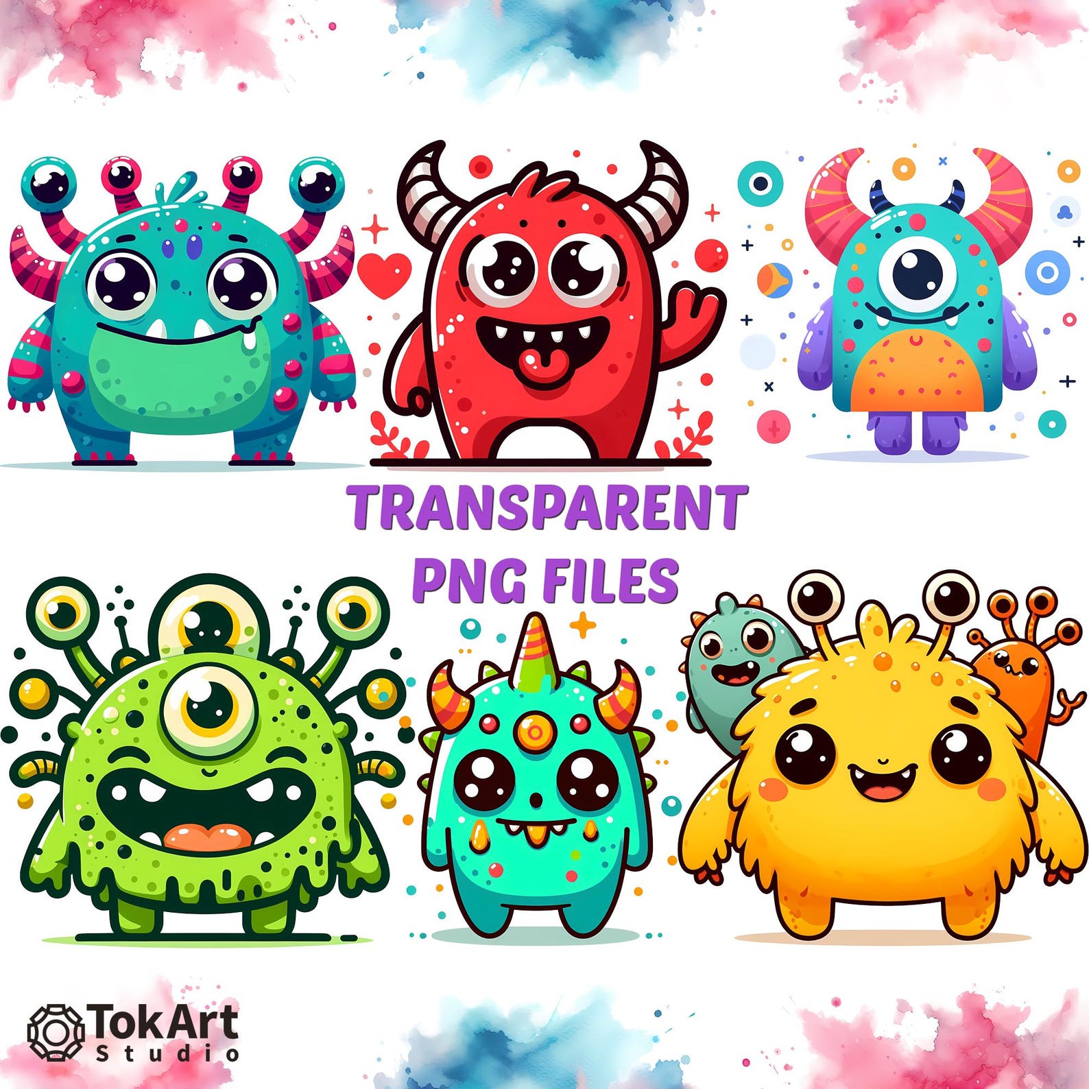 Kawaii Monster Clipart: 90 Watercolor PNG Images (digital Download) - Etsy