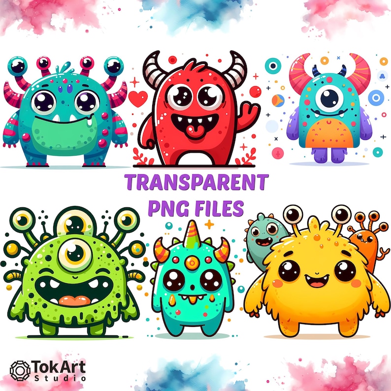 Kawaii Monster Clipart: 90 Watercolor PNG Images (digital Download) - Etsy