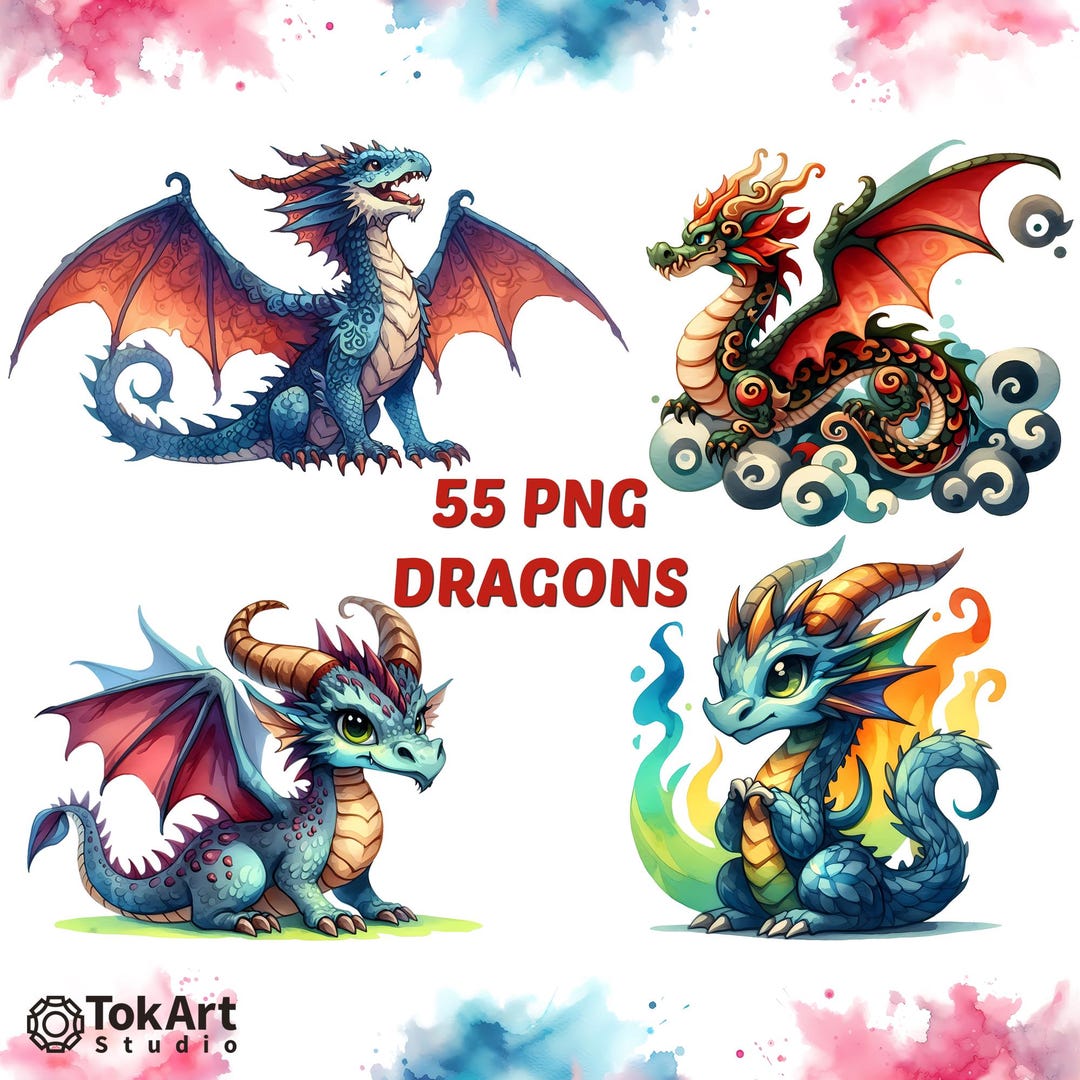 Watercolor Transparent PNG Dragon Images Set, Watercolor PNG Cute ...