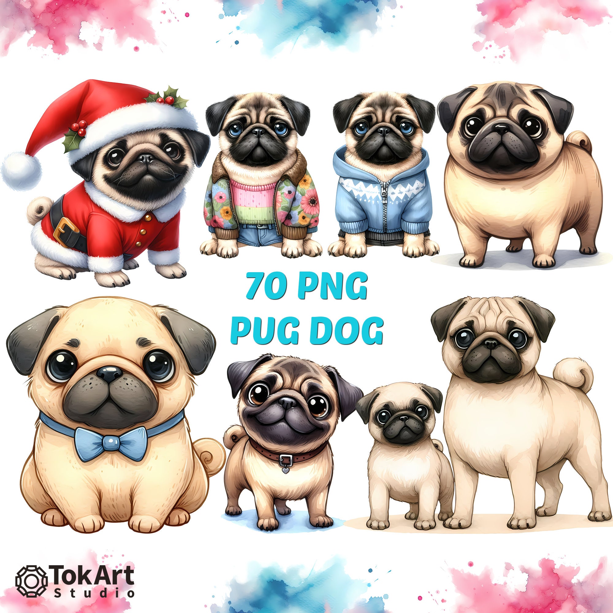 Watercolor Transparent PNG Pug Dog Images Set, Watercolor PNG Cute Pug ...