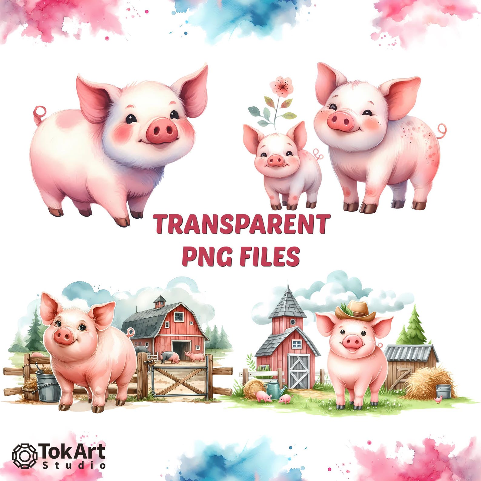 Watercolor Transparent PNG Farm Image Set. PNG Farm Animals Images Set ...