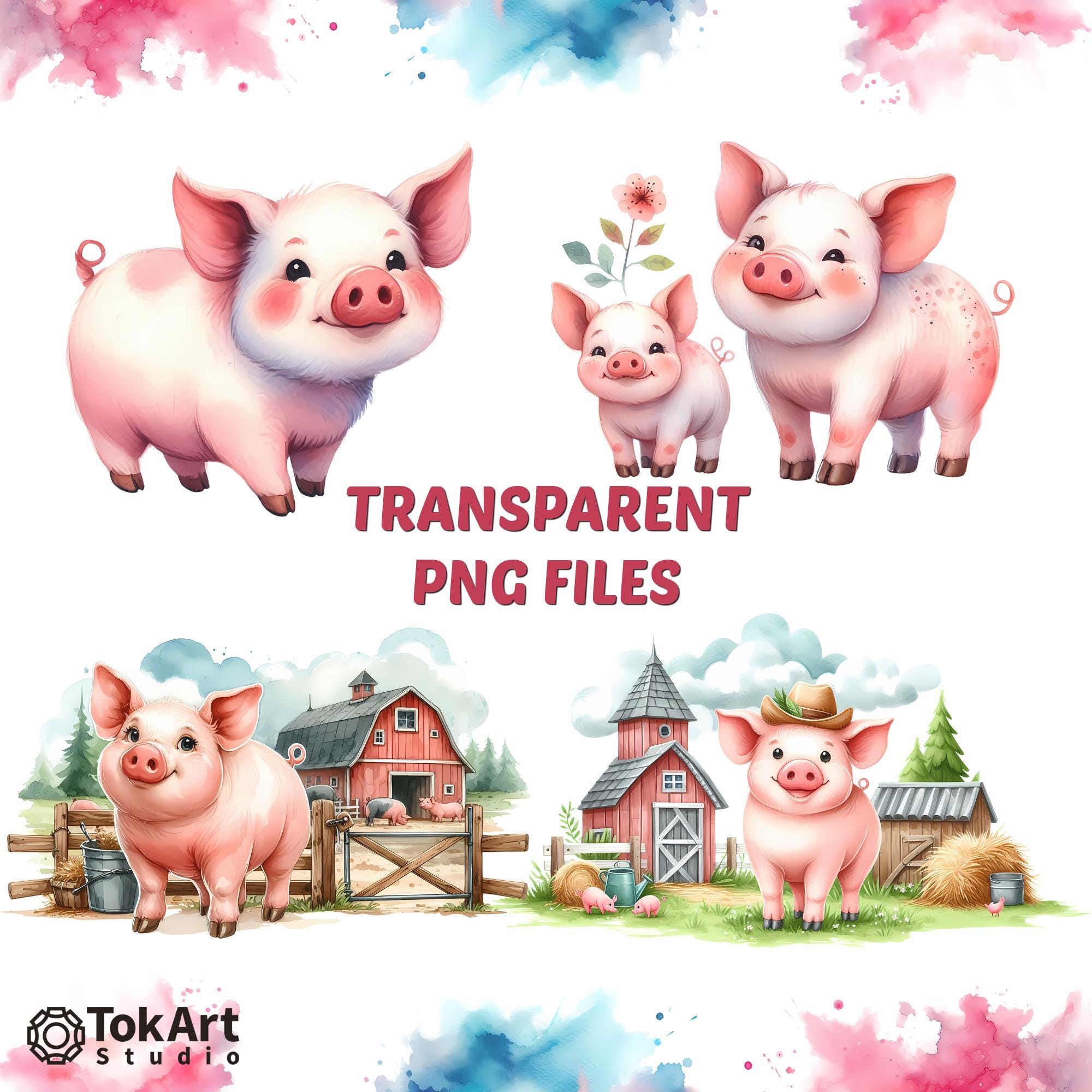 Watercolor Transparent PNG Farm Image Set. PNG Farm Animals Images Set ...