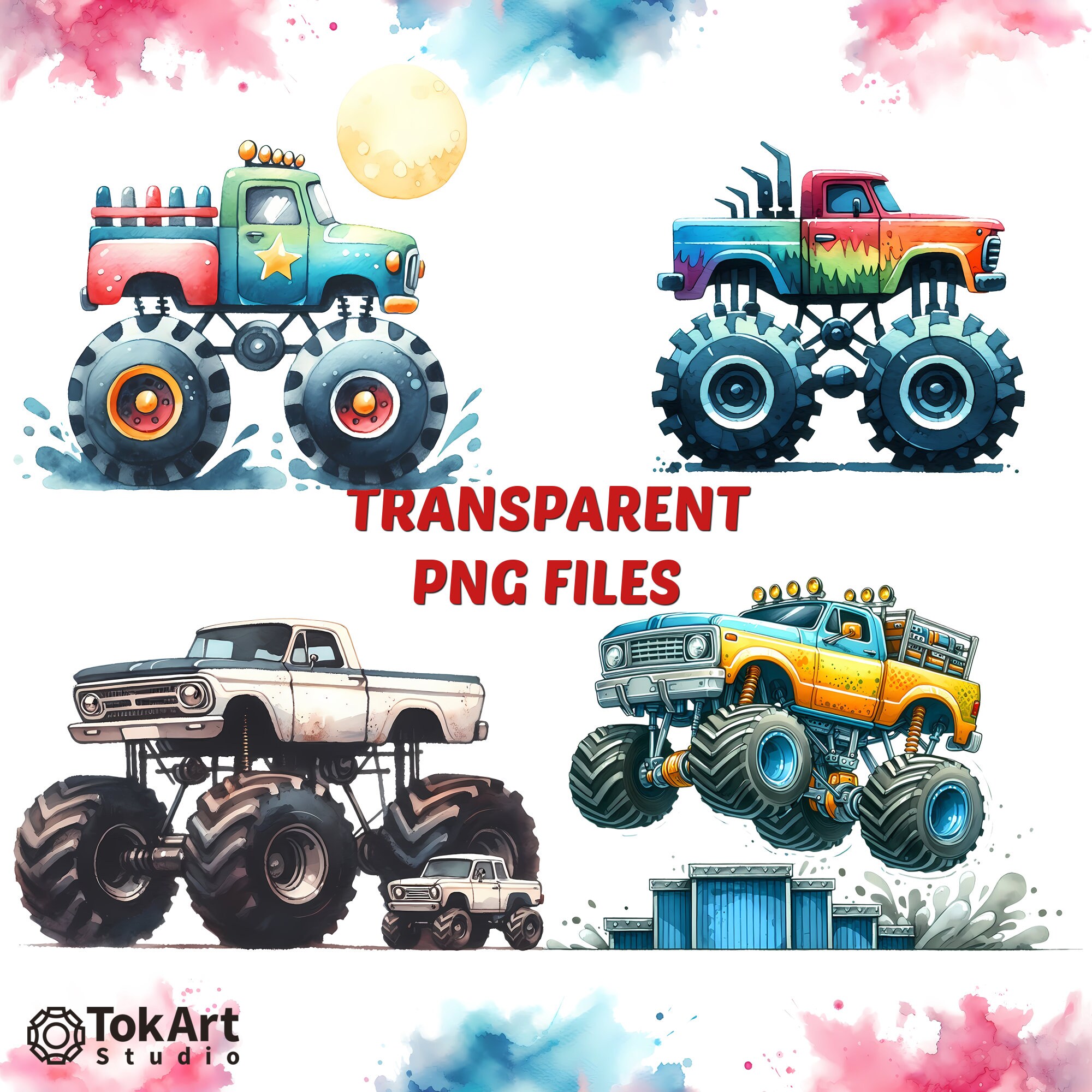 Watercolor Monster Truck Clipart: 70 PNG Images (digital Download) - Etsy