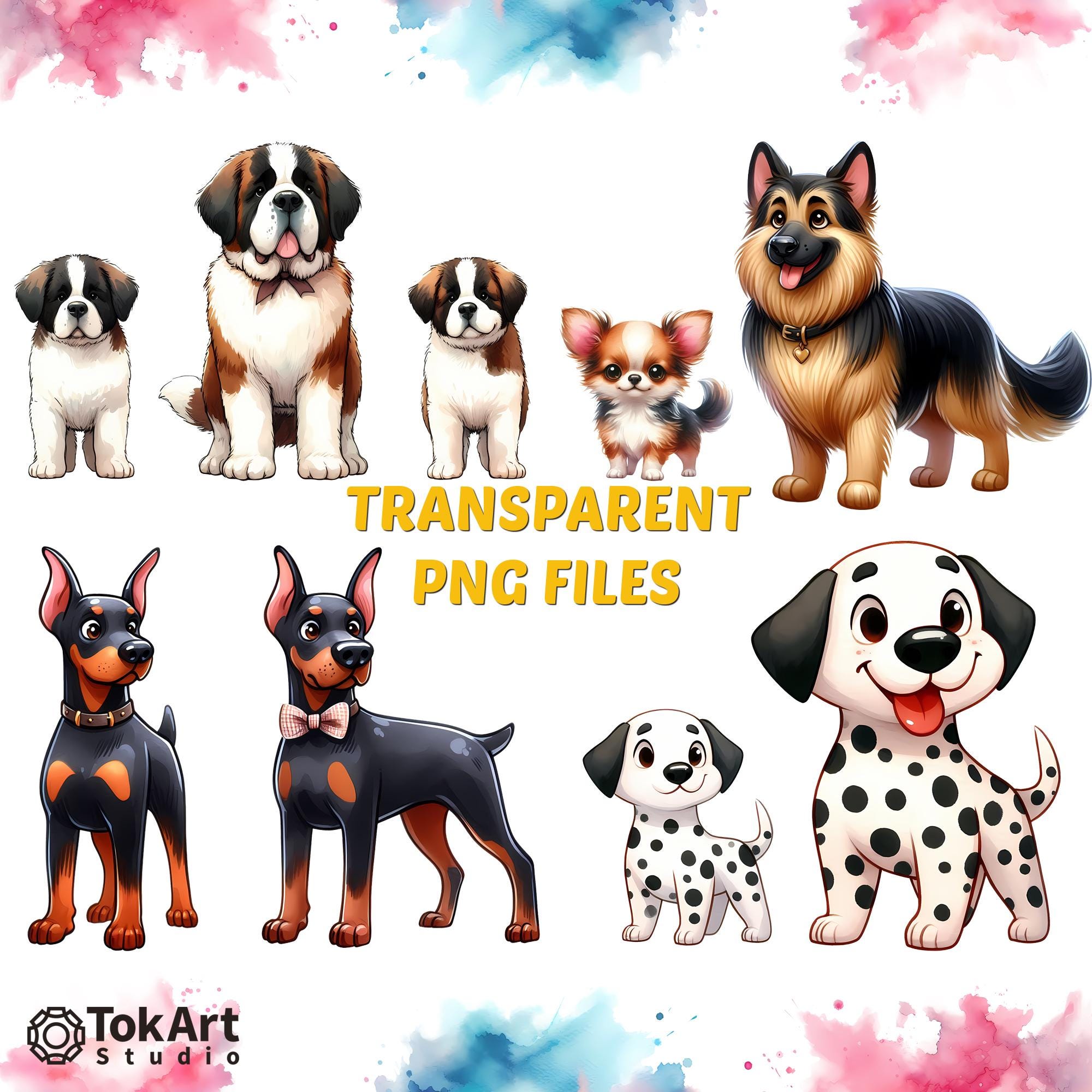 Watercolor Dog Clipart Set: 100 Transparent PNG Images (digital ...