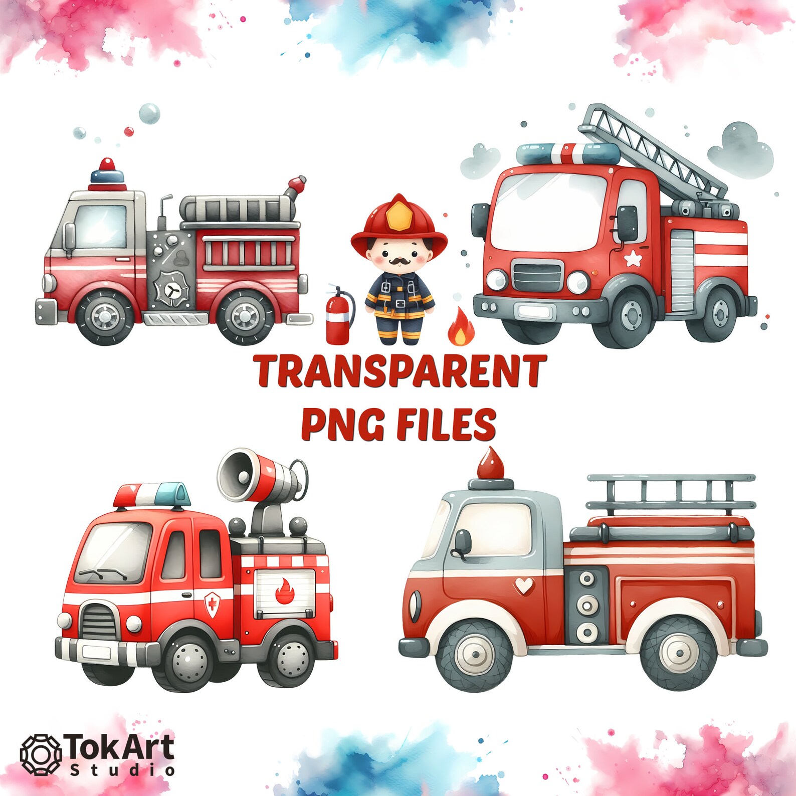 Watercolor Transparent PNG Firefighter Images, Watercolor Fire Truck ...