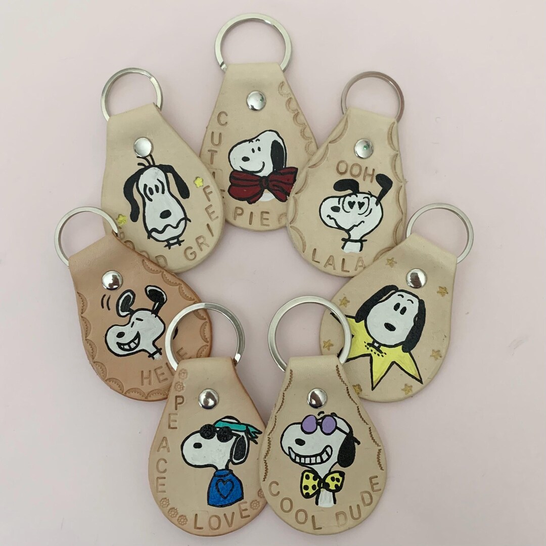 Snoopy Hand Stamped and Painted Leather Keychain Key Fob - Etsy
