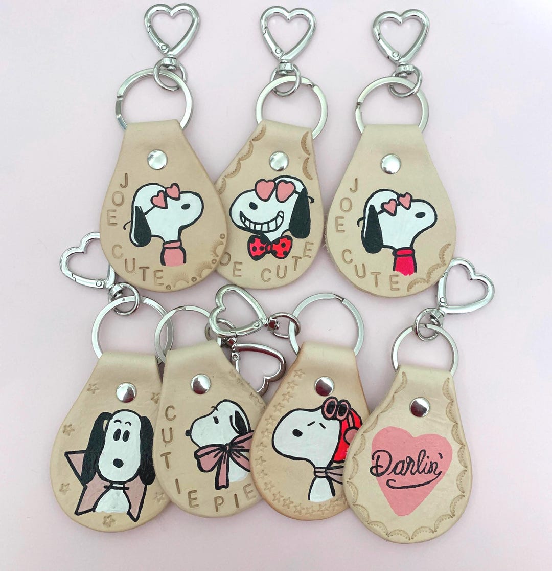 Snoopy Hand Stamped and Painted Leather Keychain Key Fob - Etsy