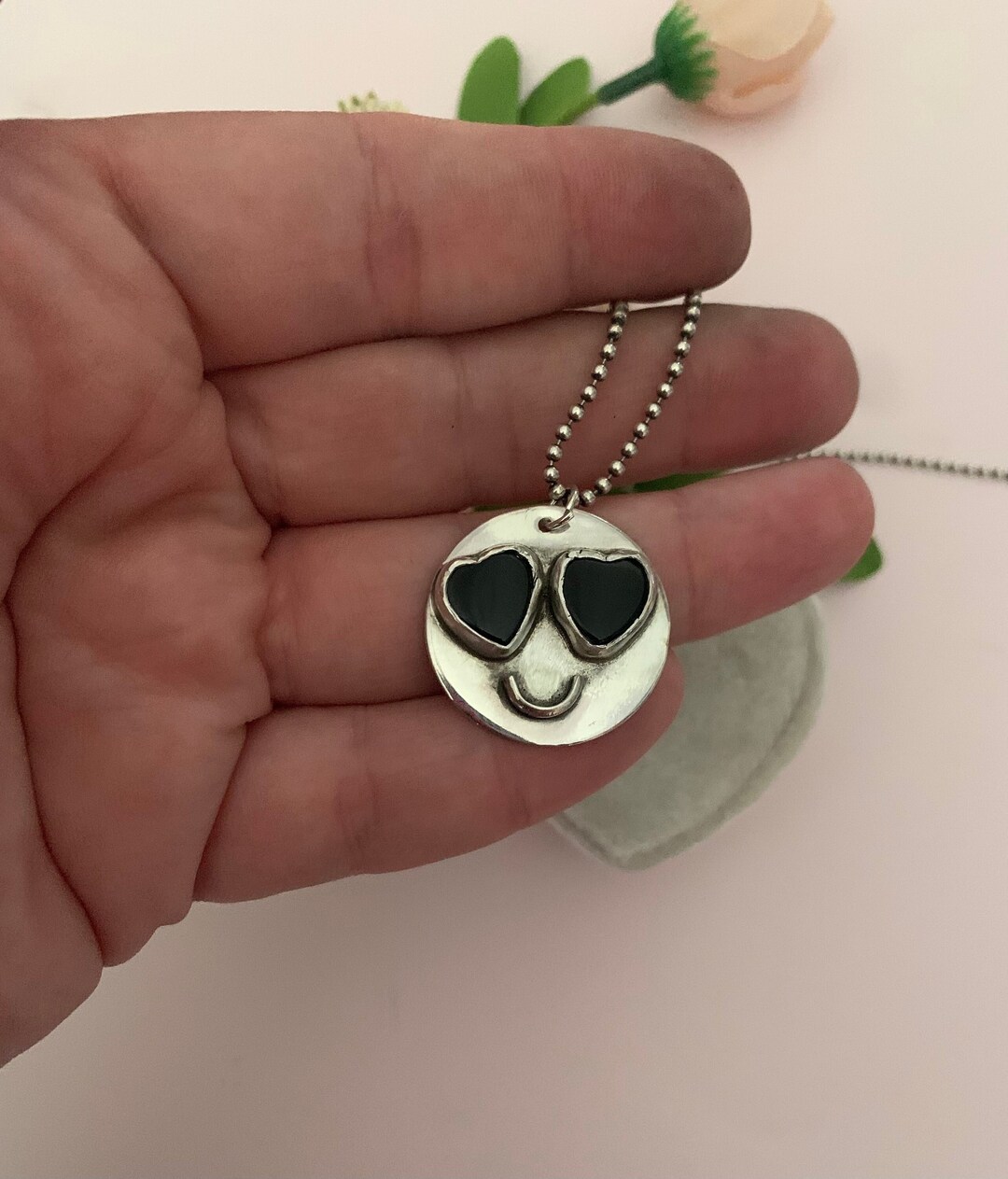 Onyx Heart Sterling Silver Smiley Face Happy Pendant - Etsy