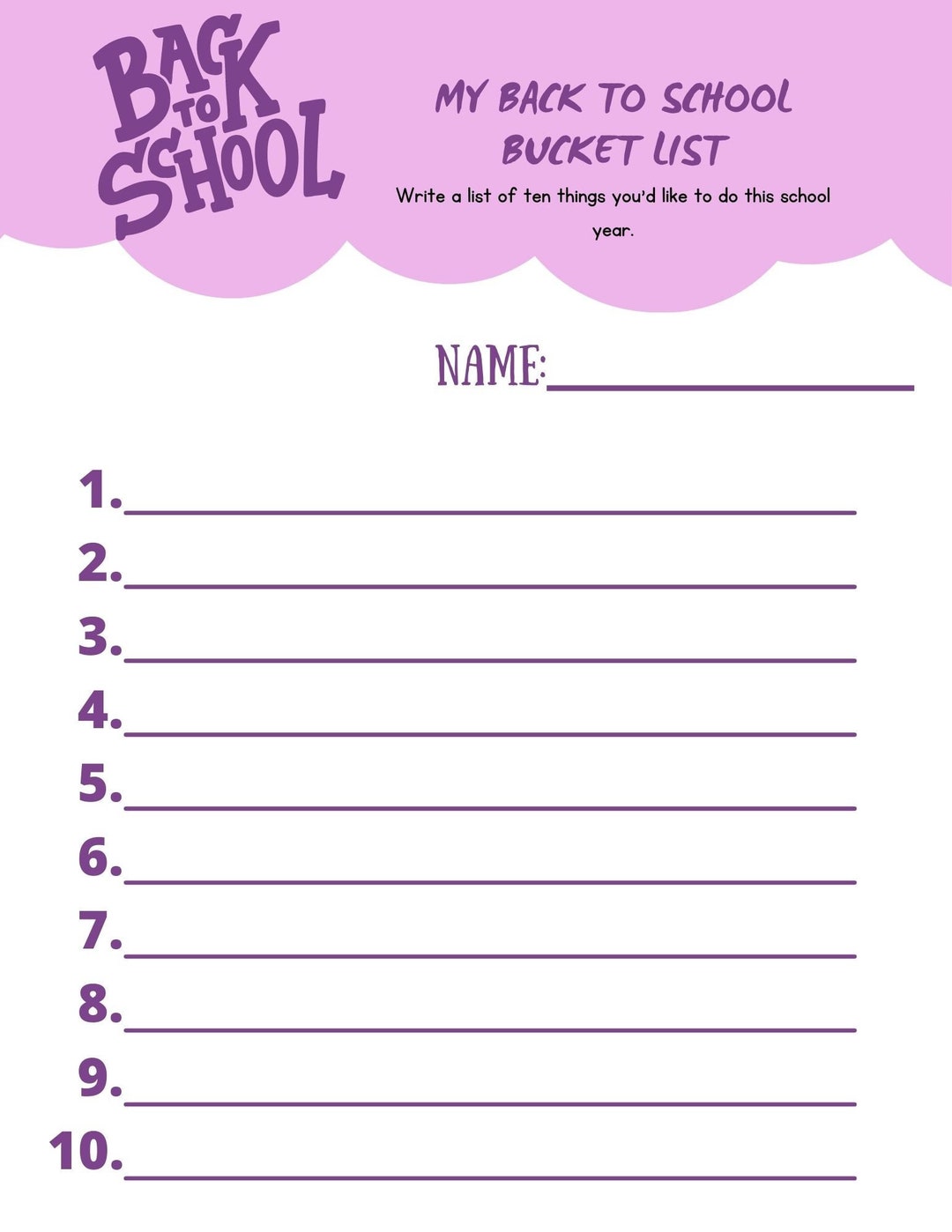 Back to School Bucket List Digital Printable - Etsy