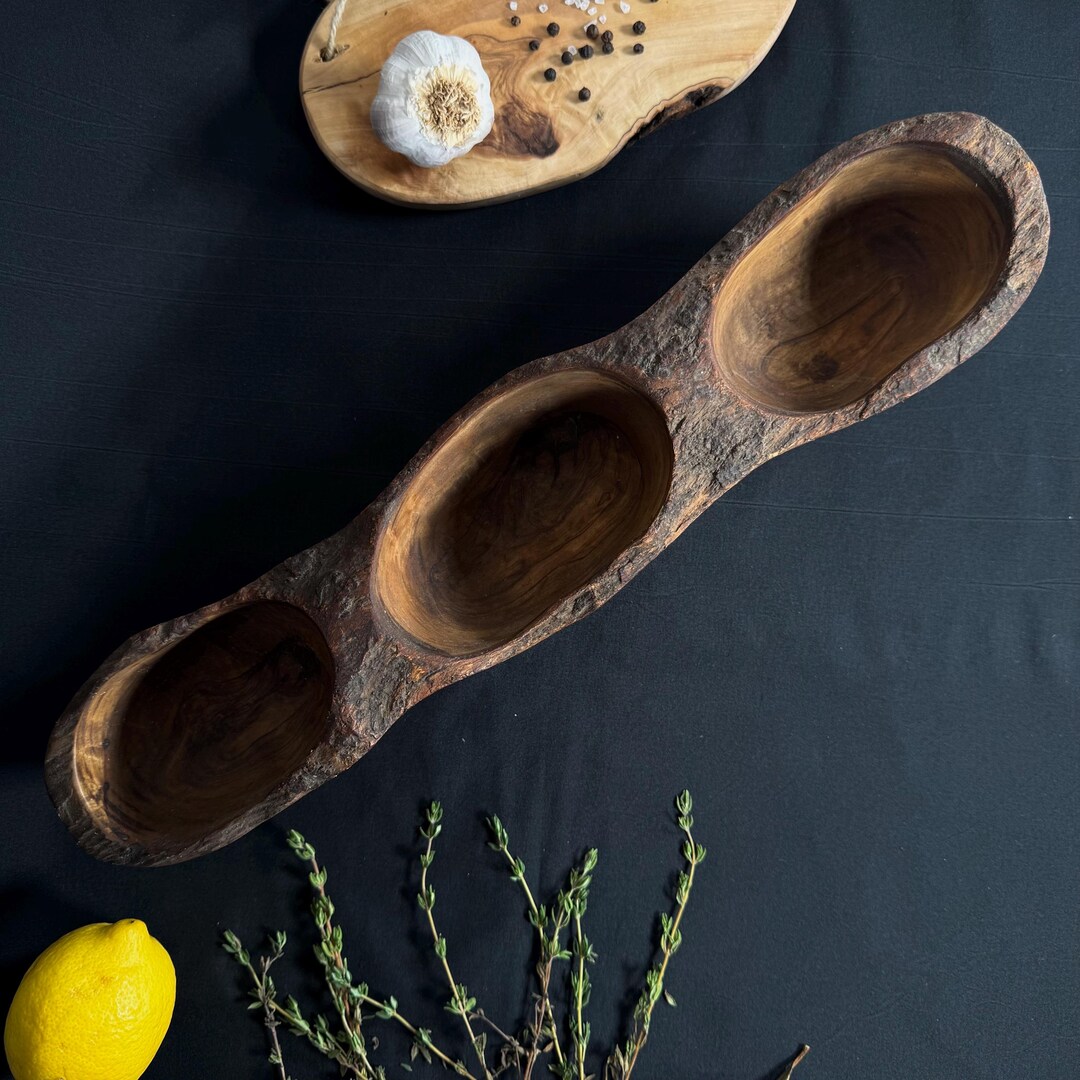 One-of-a-kind Rustic Olive Wood Triple Snack Bowl | Handmade Appetizer ...