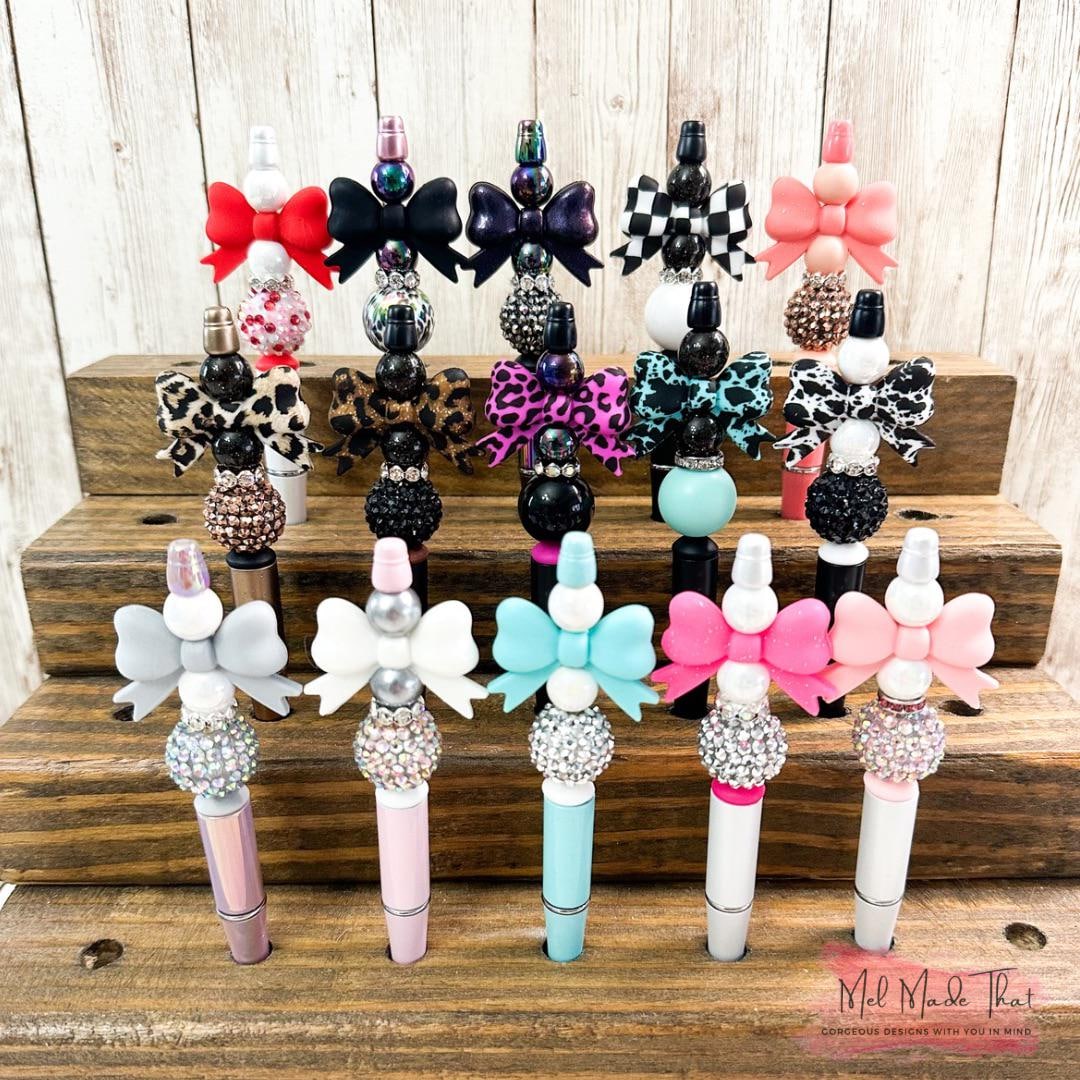 Coquette Bow - Beaded Pens - Checkered - Pink - White - Black - Glitter ...