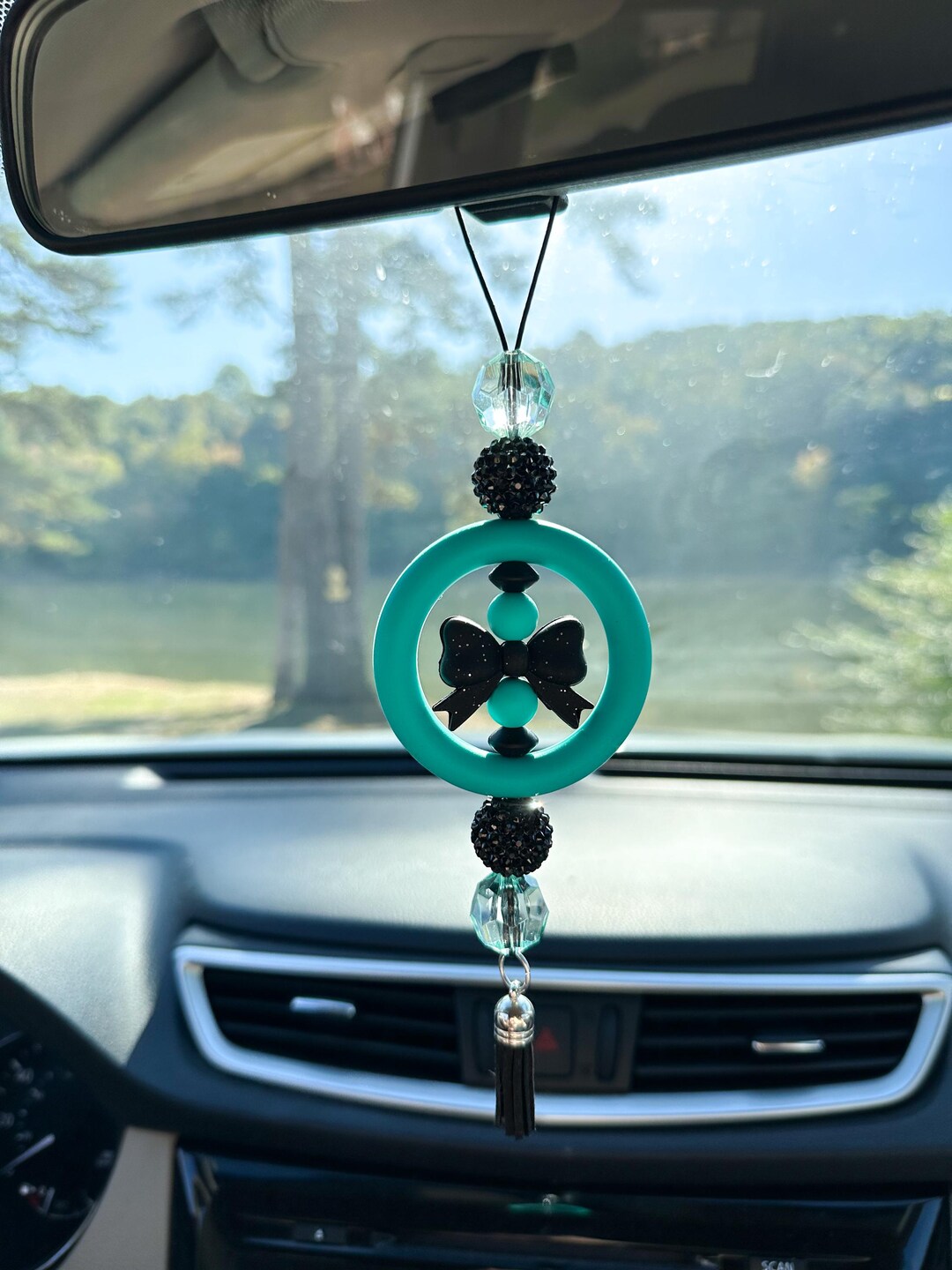 Car Charm Turquoise With Black Glitter Coquette Bow for Rearview Mirror ...